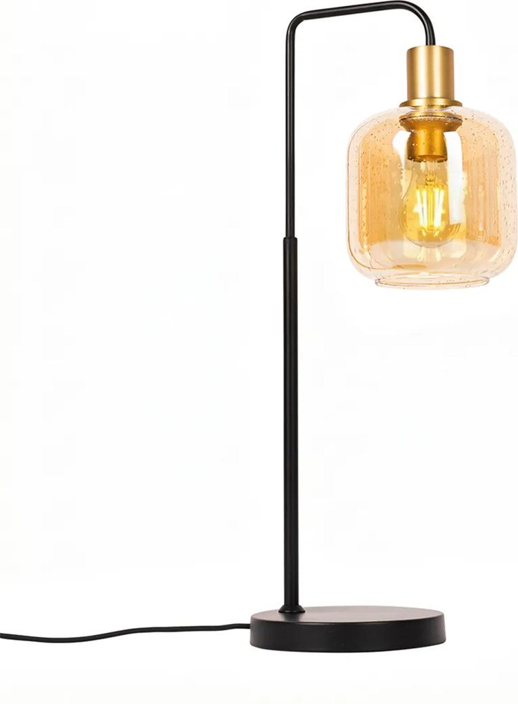 Designová stolní lampa černá s mosazí a jantarovým sklem - Zuzanna