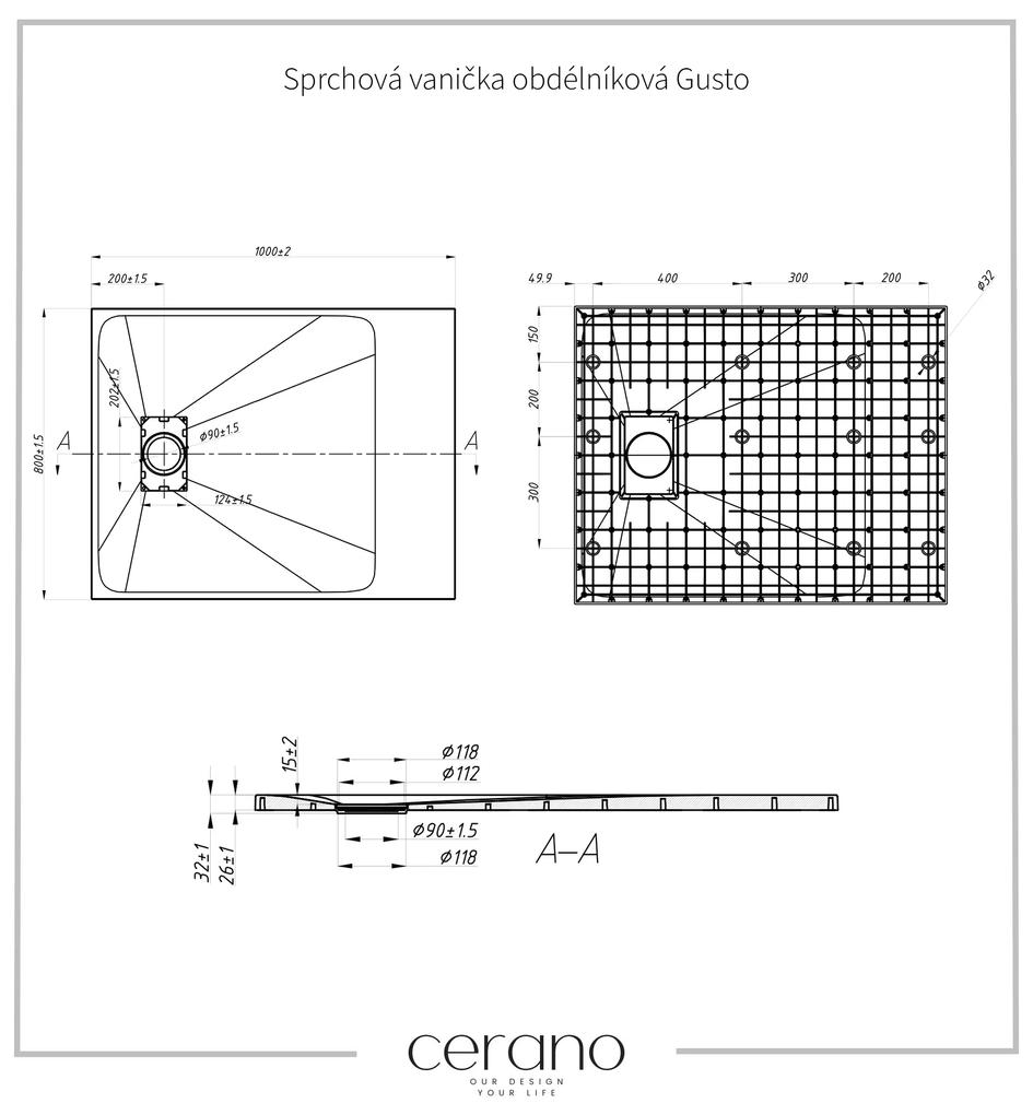 CERANO - Sprchová vanička obdélníková Gusto - černá matná - 100x80 cm