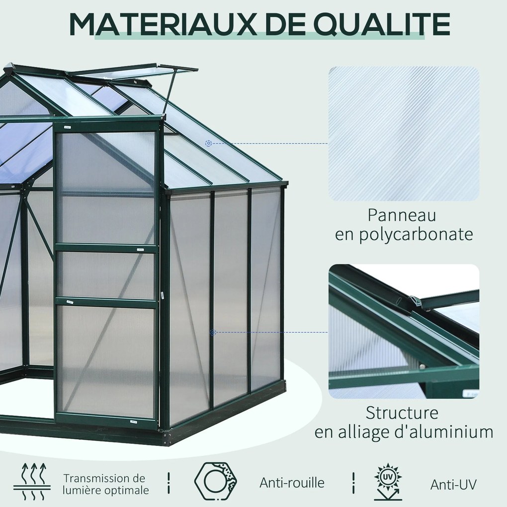 Outsunny Polykarbonátový Zahradní Skleník 3.65m² Hliníkový Zahradní Skleník 190 x 192 x 201cm UV-odolný, s Vyztuženým Základem, Okapy, Střešním Oknem…