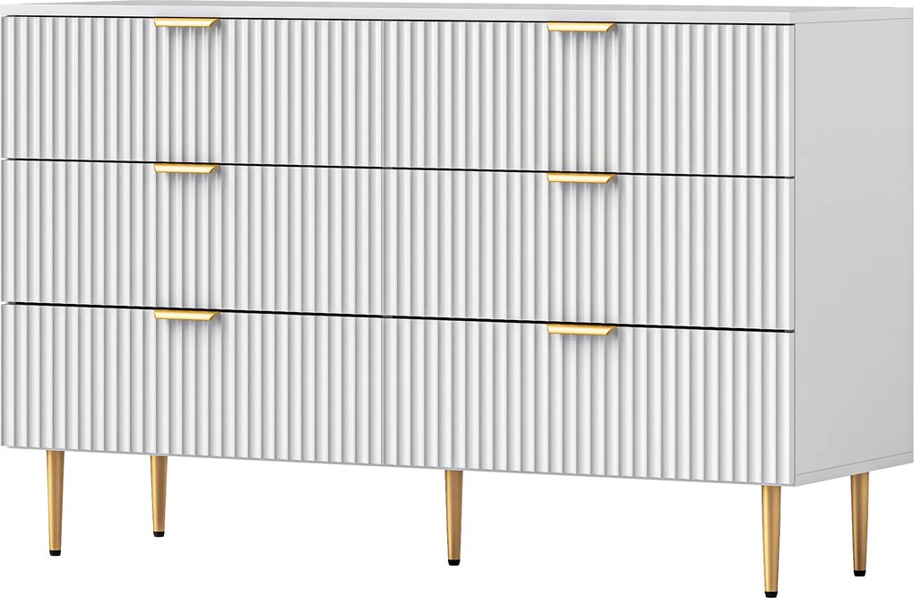 HOMCOM moderní komoda se 6 zásuvkami se zlatými úchyty, 120x40x76,5 cm, bílá