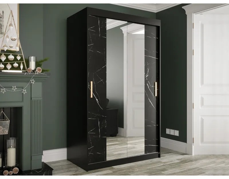 Šatní skříň se zrcadlem Nonnus 120 T1, Úložný prostor: ne, Barva: bílá matná / černá mramor