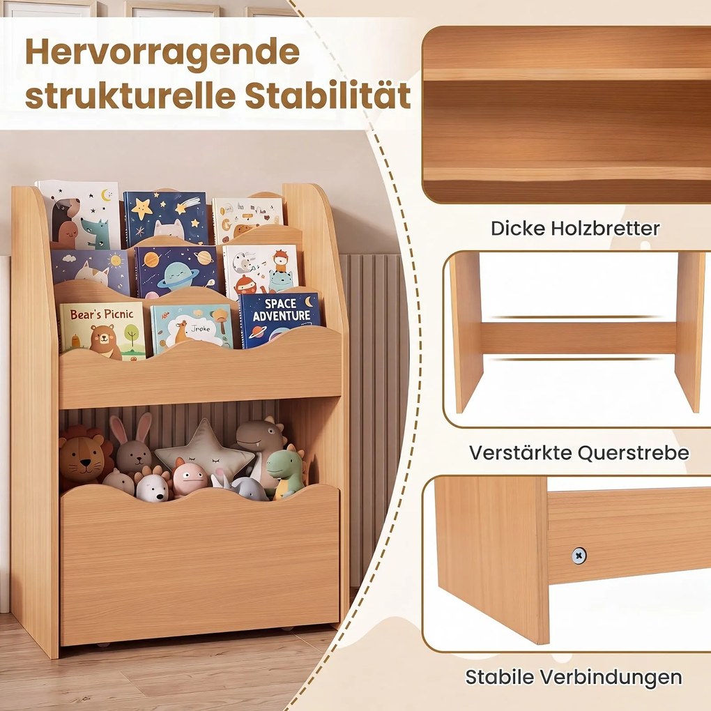 Costway Dětská knihovna 3patrová Montessori police na hračky ze dřeva