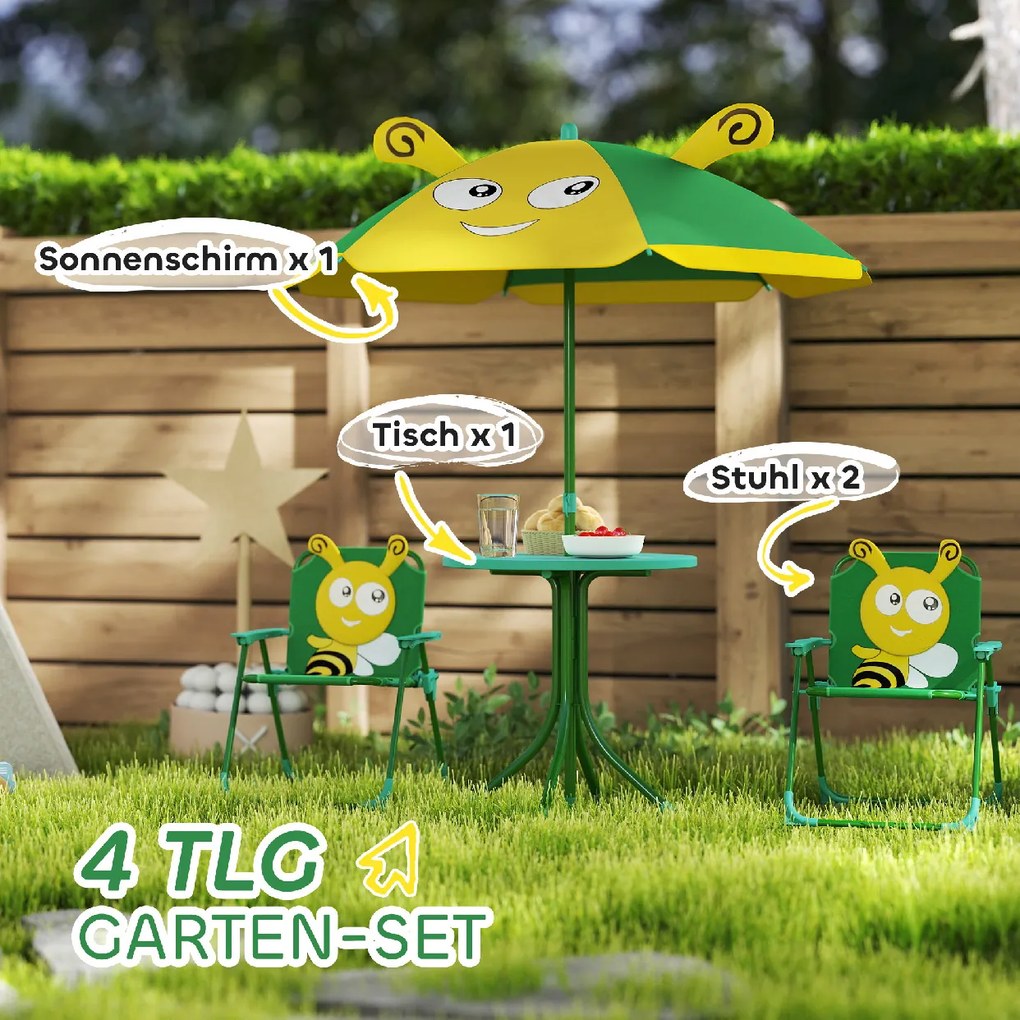 AIYAPLAY Sada zahradního nábytku pro děti, židle, stůl, slunečník, včelí design, zelená+žlutá