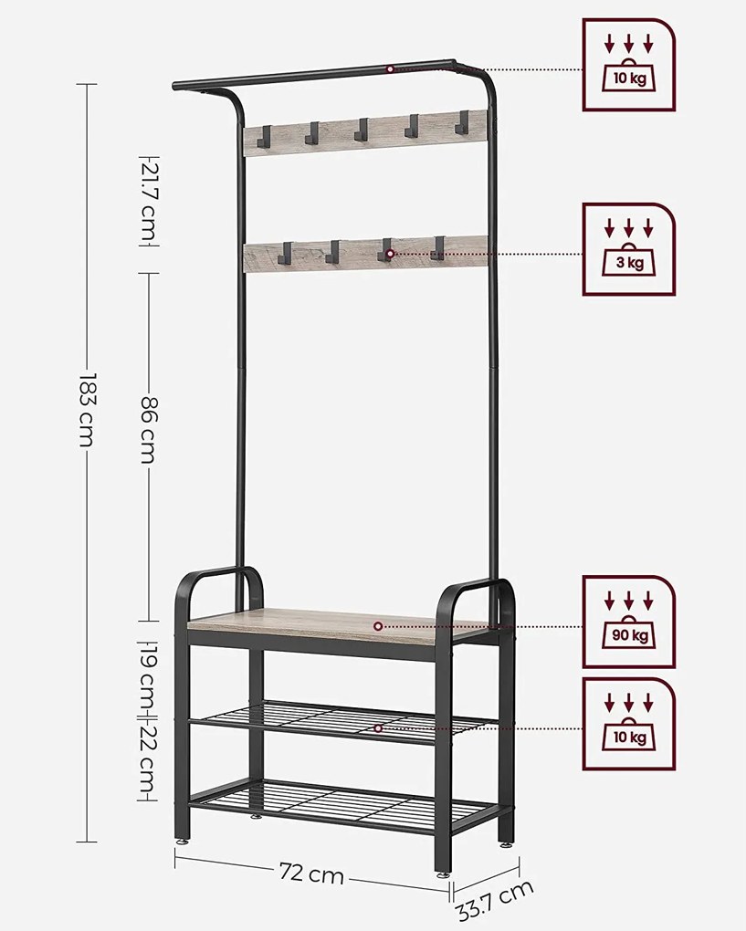 Věšák na kabáty, stojan na kabáty s úložným prostorem na boty, 183 cm vysoký, šedá-černá