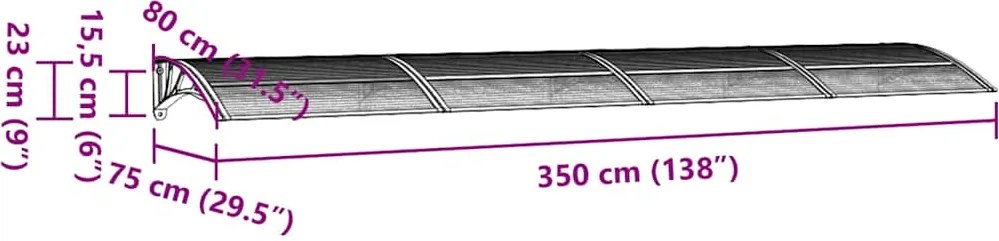 Vchodová stříška šedá a průhledná 350 x 75 cm polykarbonát 153592