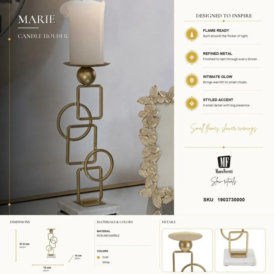 Svícen Marie 31 cm zlatý/mramor