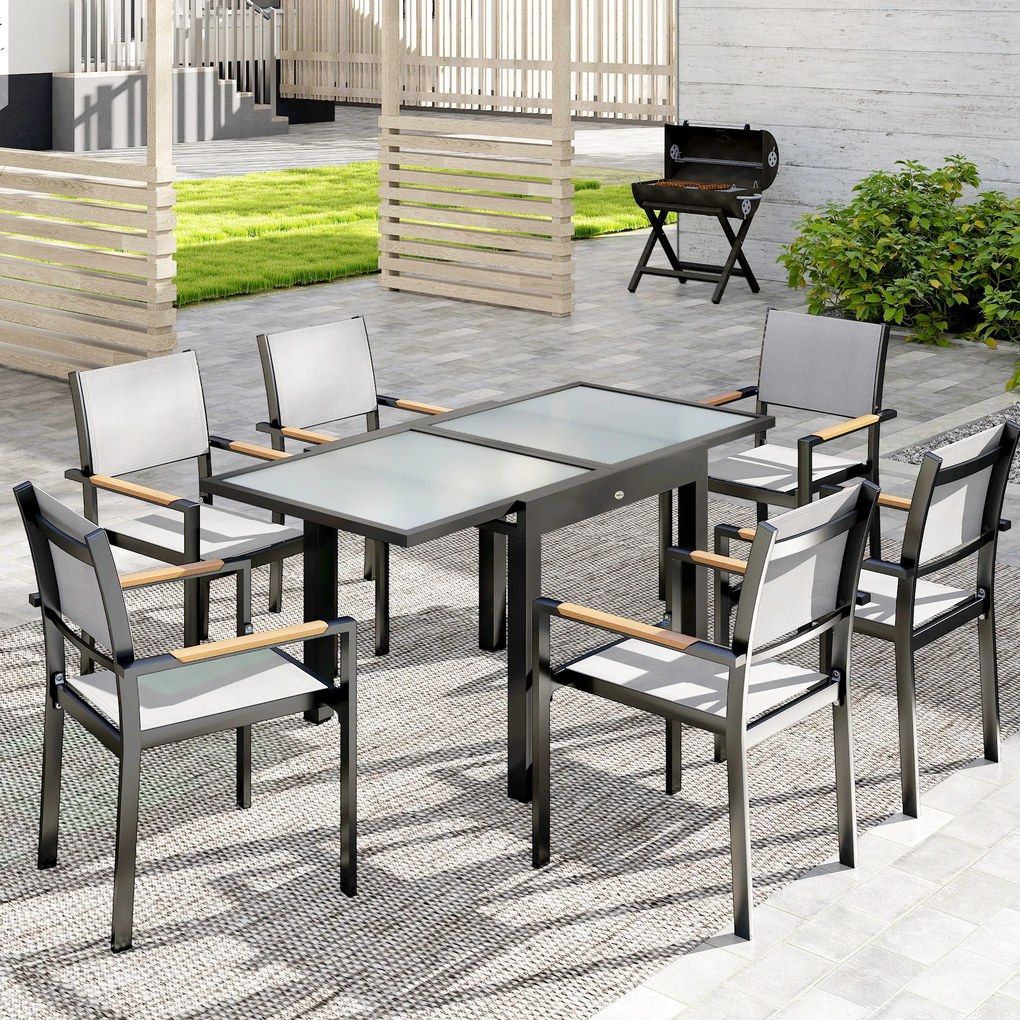 Outsunny Velký Rozšiřitelný Zahradní Stůl rozložené rozměry 160D x 80Š x 75V cm Tmavě Šedý Hliníkový Stůl s Temperovaným Sklem Transparentní
