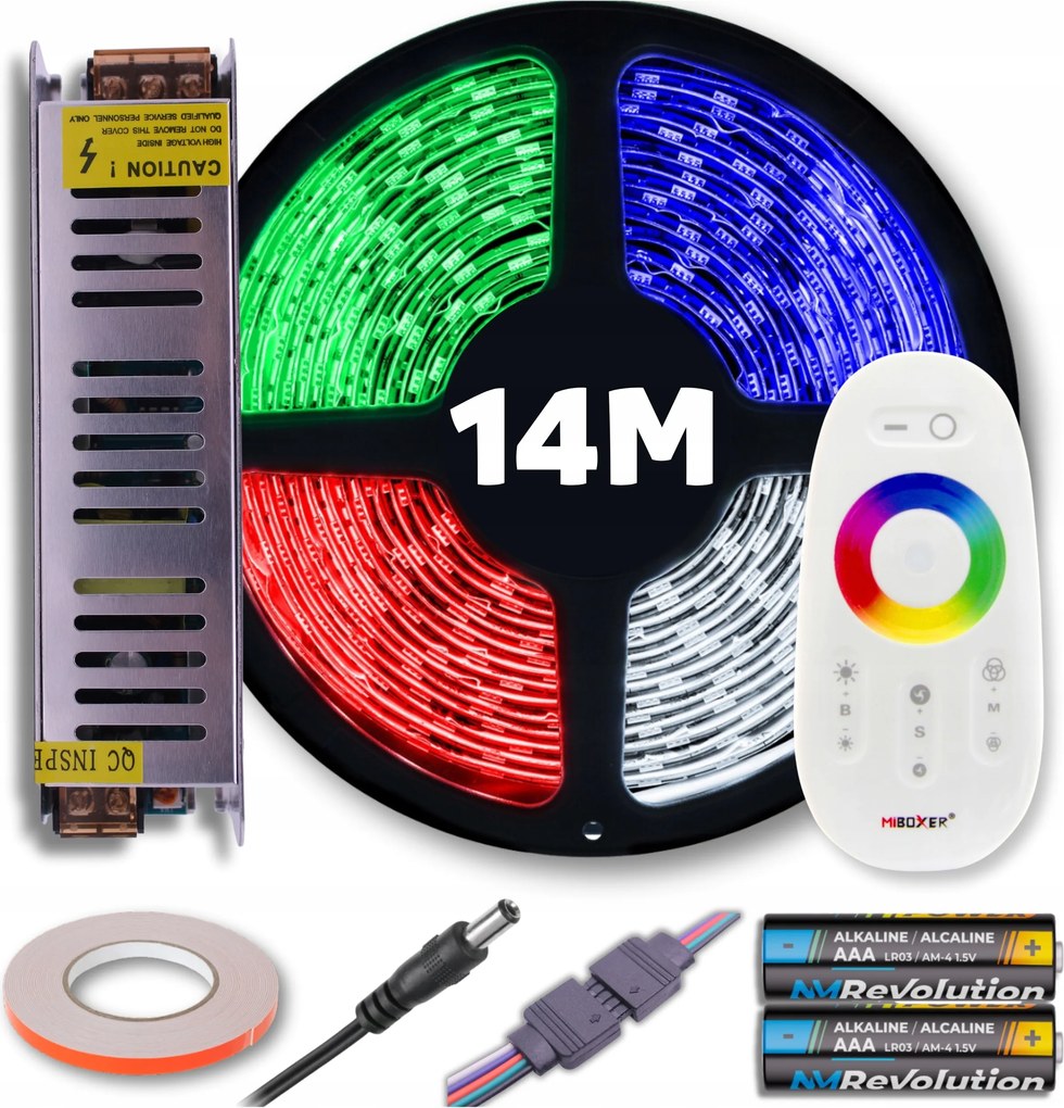 Set Led pásek Rgb barevný bílý studený s dálkovým ovládáním a napájecím zdrojem 14M 12V