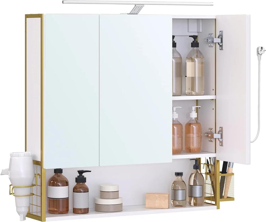 Koupelnová zrcadlová skříňka s osvětlením Vasagle Bake bílá/zlatá
