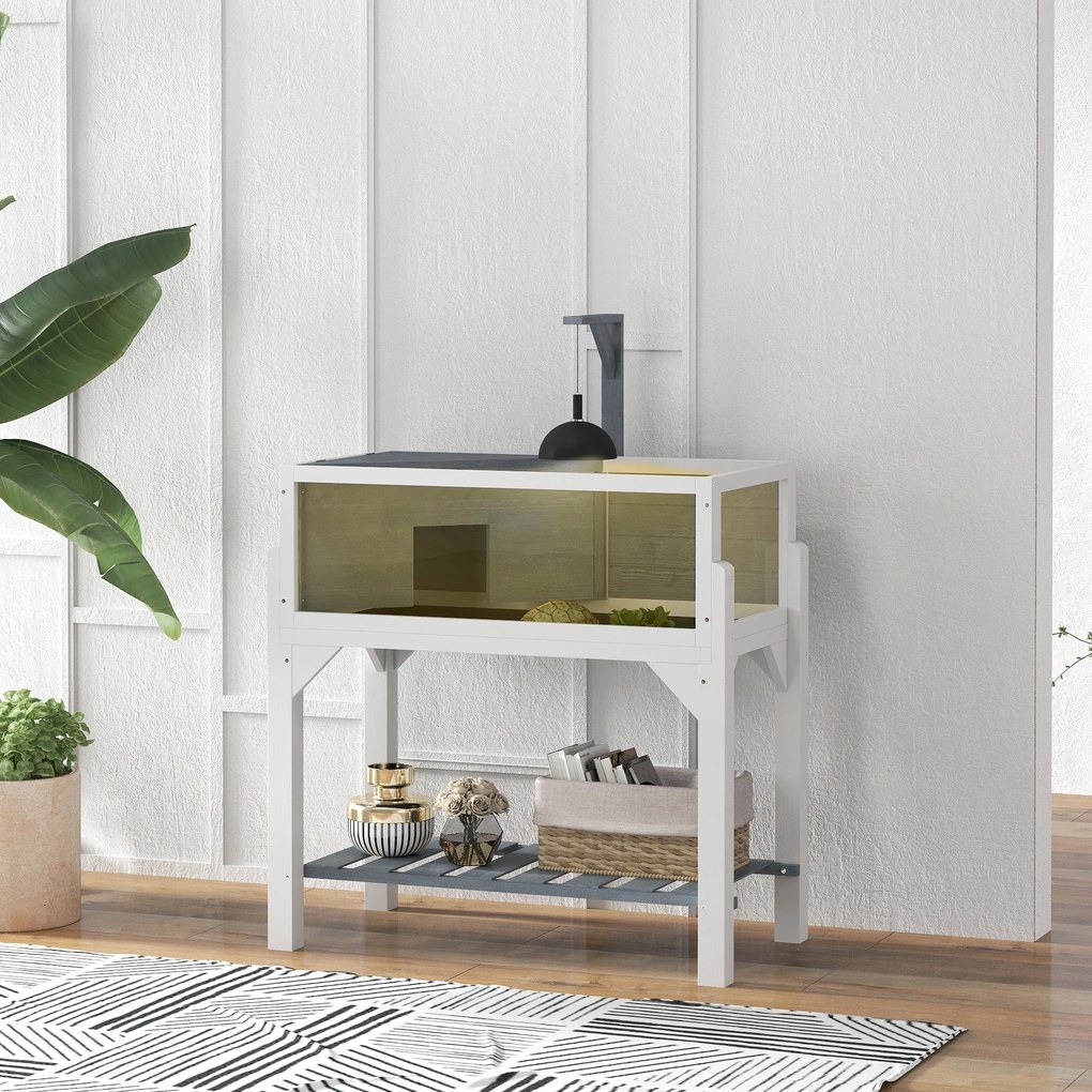 PawHut zvýšený dům pro želvy s 2 zónami, otevíracím víkem, držákem na lampu a panoramatickým výhledem – 84,5 × 47,5 × 90 cm (šedý)