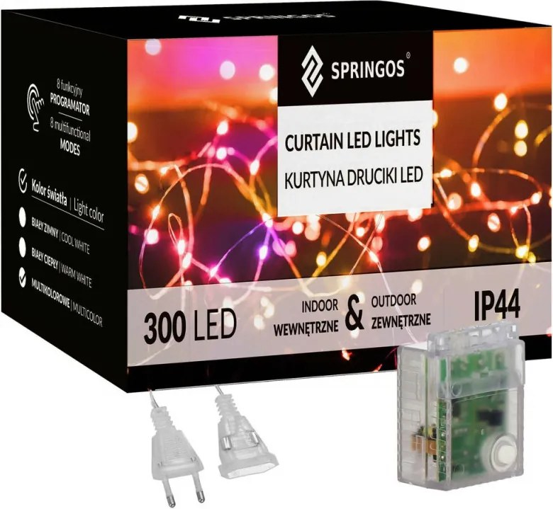 LED Nano závěs - 3x3m, 300LED, 8 funkcí, ovladač, IP44, multicolor