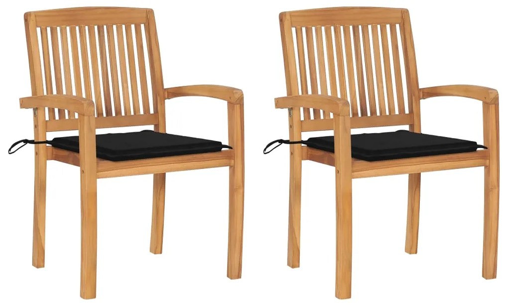 3063259 vidaXL Zahradní židle 2 ks černé podušky masivní teakové dřevo