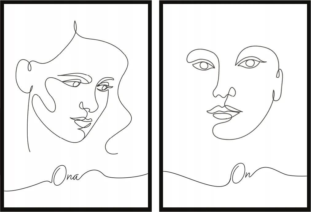 Obraz Plakáty V Rámu 53x73 cm Diptych Sada 2 obrazů Lineart Tváře P760