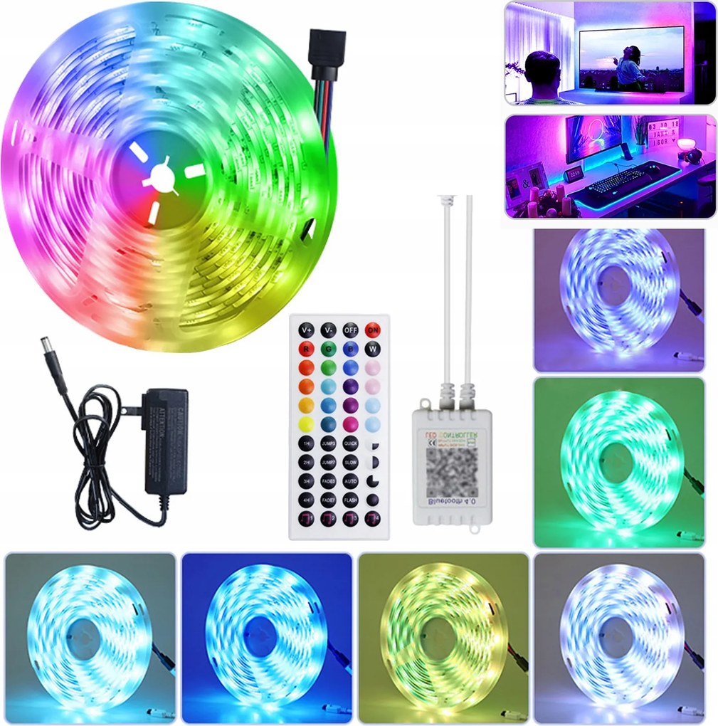 10M Rgb 5050 Bluetooth Led pásek s mobilní aplikací, dálkovým ovládáním a hudbou, sada 12V 44