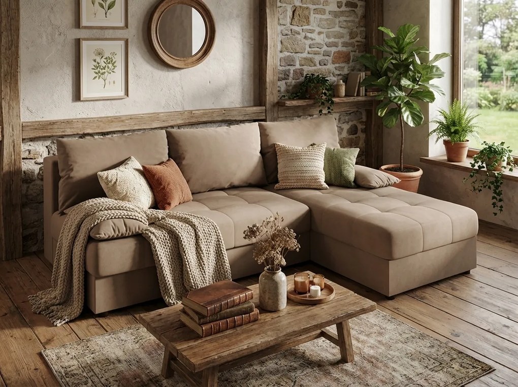 Rozkládací oboustranná sedací souprava do L VENORIA SLIM 200x143 cm, béžová + 2 polštářky ZDARMA