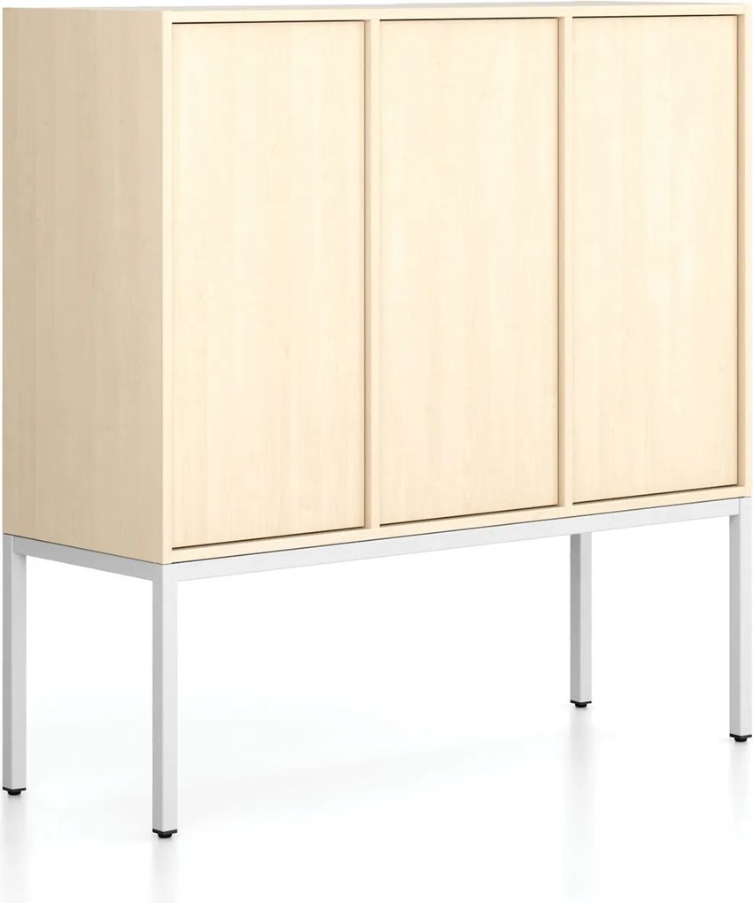 Kancelářská skříň FRAME, nízká, bílá podnož, 3x dveře, 1299 x 450 x 1331 mm, PUSH-lock, bříza