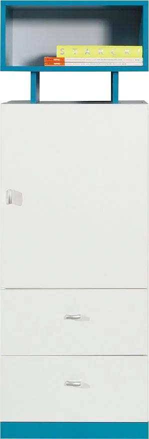 Dětská regálová skříň Poly 6, lamino + ABS, bílá / tyrkysová, 45x135x40 cm
