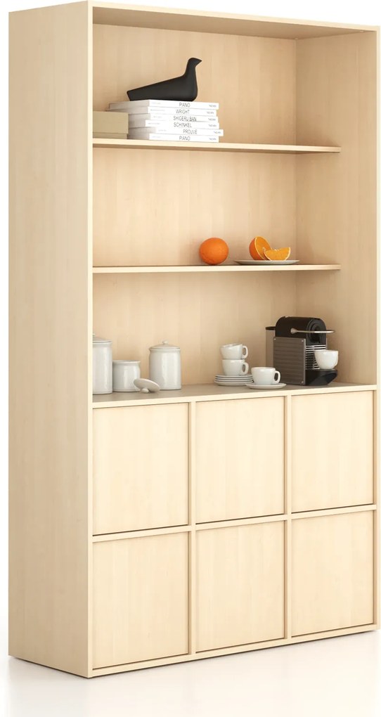 Kancelářská skříň FRAME, 6x dveře, 2x police, 1299 x 450 x 2162 mm, PUSH-lock, bříza