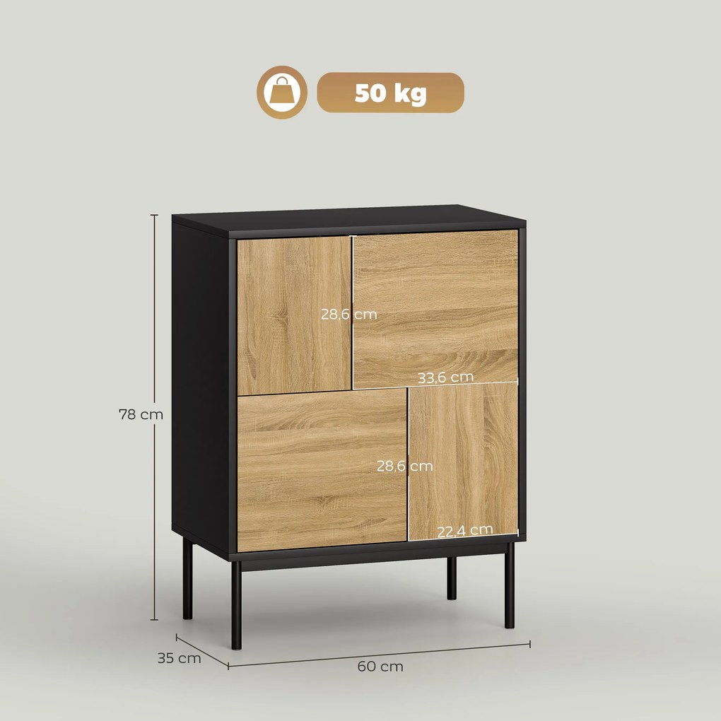 HOMCOM bufet obývací pokoj, úložná skříňka, kuchyňská skříňka, dveře s klikou a 4 přihrádky, moderní styl, 60 x 35 x 78 cm, černá