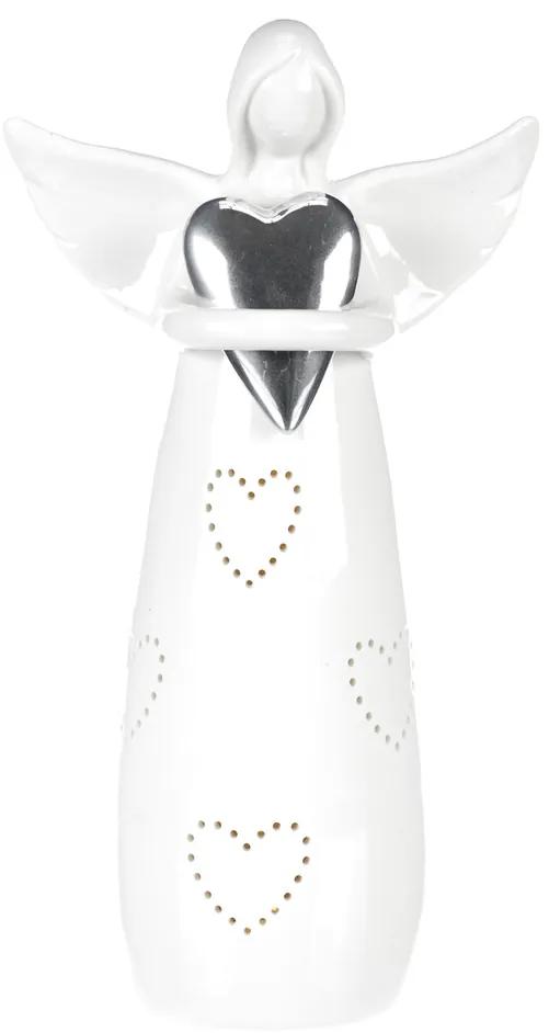Autronic Anděl porcelánový, se stříbrným srdcem, s LED světlem. ARK3606 SIL