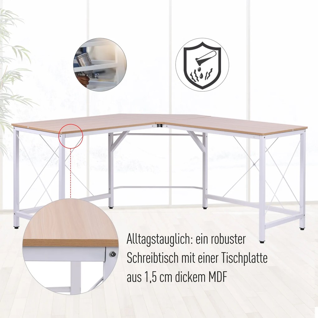 HOMCOM Psací stůl do tvaru písmene L Rohový psací stůl 150x150x76cm Rohový psací stůl z MDF v přírodní barvě pro domácí kancelář a pracovnu