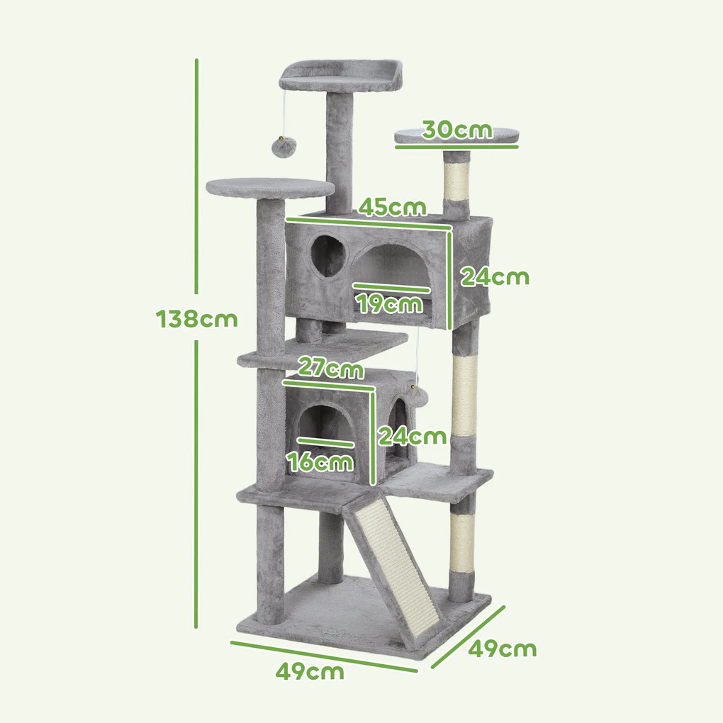 PawHut Kočičí škrabadlo výška 138 cm, strom pro kočky s sisalovými škrabacími sloupy, platformami, úkryty, zavěšenými míčky a hamakem, světle šedé