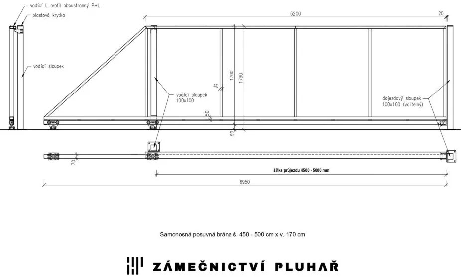 Samonosná posuvná brána š. 450 - 500 cm x v. 170 cm
