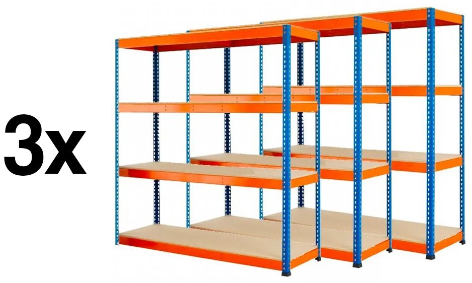 Fistar AKCE - Balíček : 3x Regál 1800x1800x500 mm PROFESIONÁLNÍ lakovaný 4-policový, nosnost 1600 kg - MODRO-ORANŽOVÝ