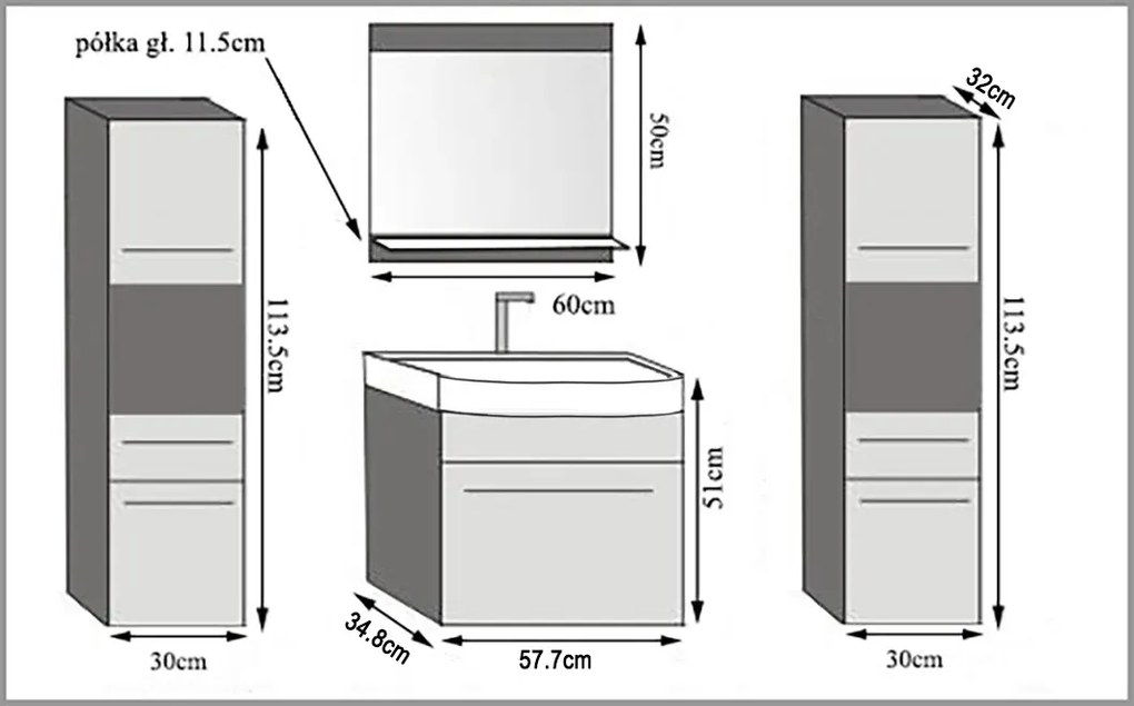 Koupelnový nábytek skříňky s umyvadlem a zrcadlem bílá matná  ROD PRIMO M 6/0/W/W/0/ZINC