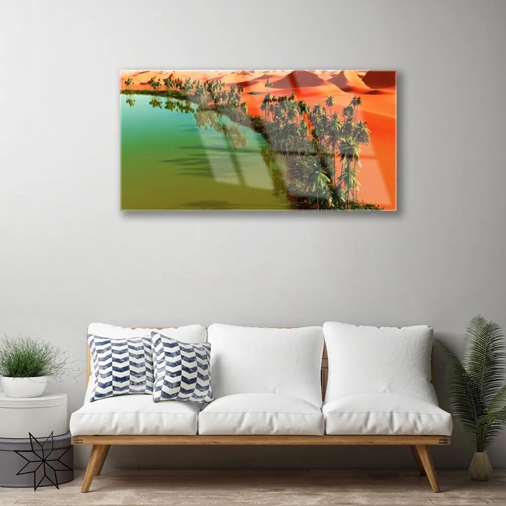 Obraz na skle Jezero Poušť Palmy 125x50 cm