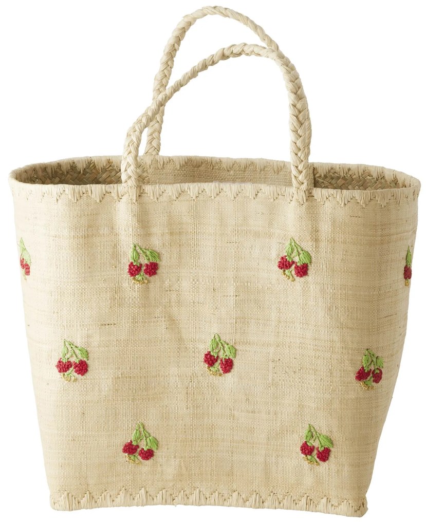 rice Ručně pletená nákupní taška Red Flowers Large, přírodní barva