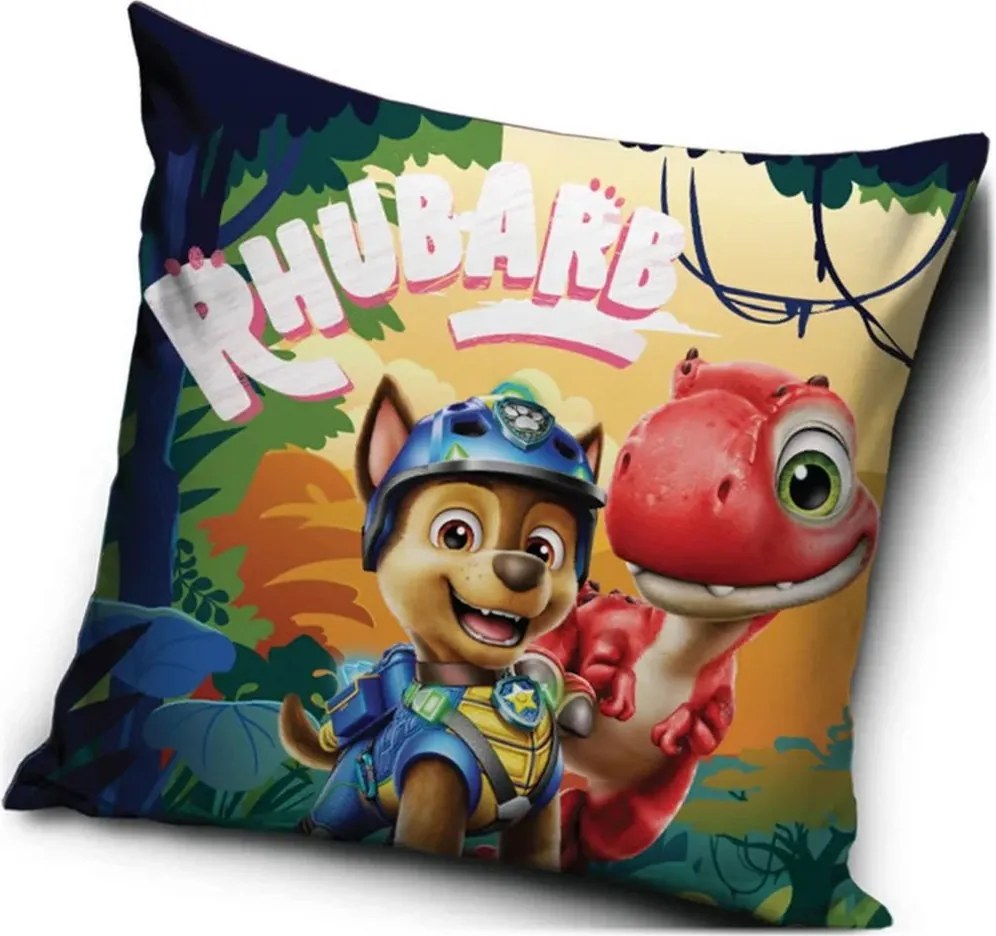 Velurový polštář Tlapková patrola: Dinosauří film - Paw Patrol: The Dino Movie - motiv Chase a dinosaurus - 40x40 cm