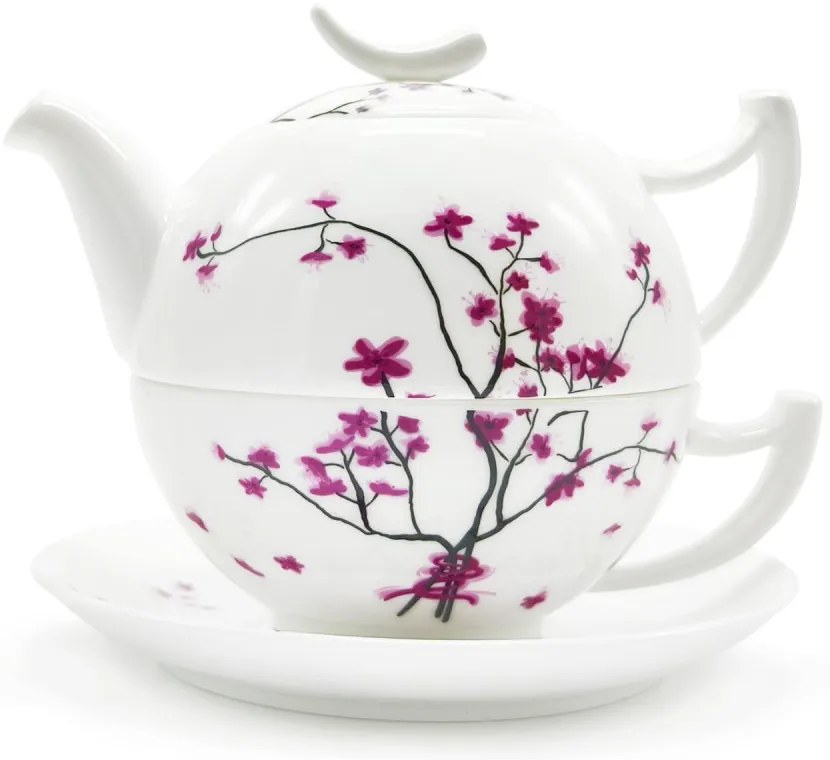 Porcelánová čajová souprava pro jednoho Sakura – konvička 0,5 l + šálek a podšálek, s motivem rozkvetlé sakury