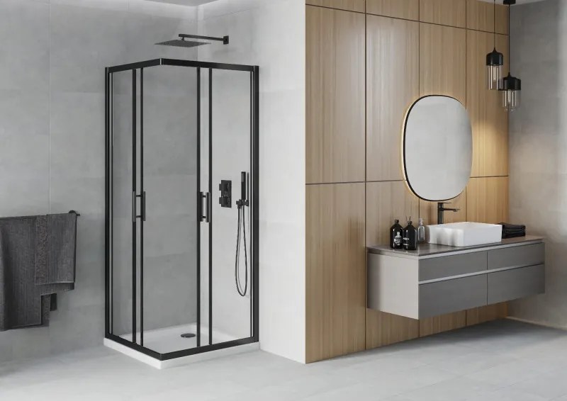 Mexen Rio, čtvercový sprchový kout 70 x 70 cm, 6mm čiré sklo, černý profil + bílá sprchová vanička, 860-070-070-70-00-4010B