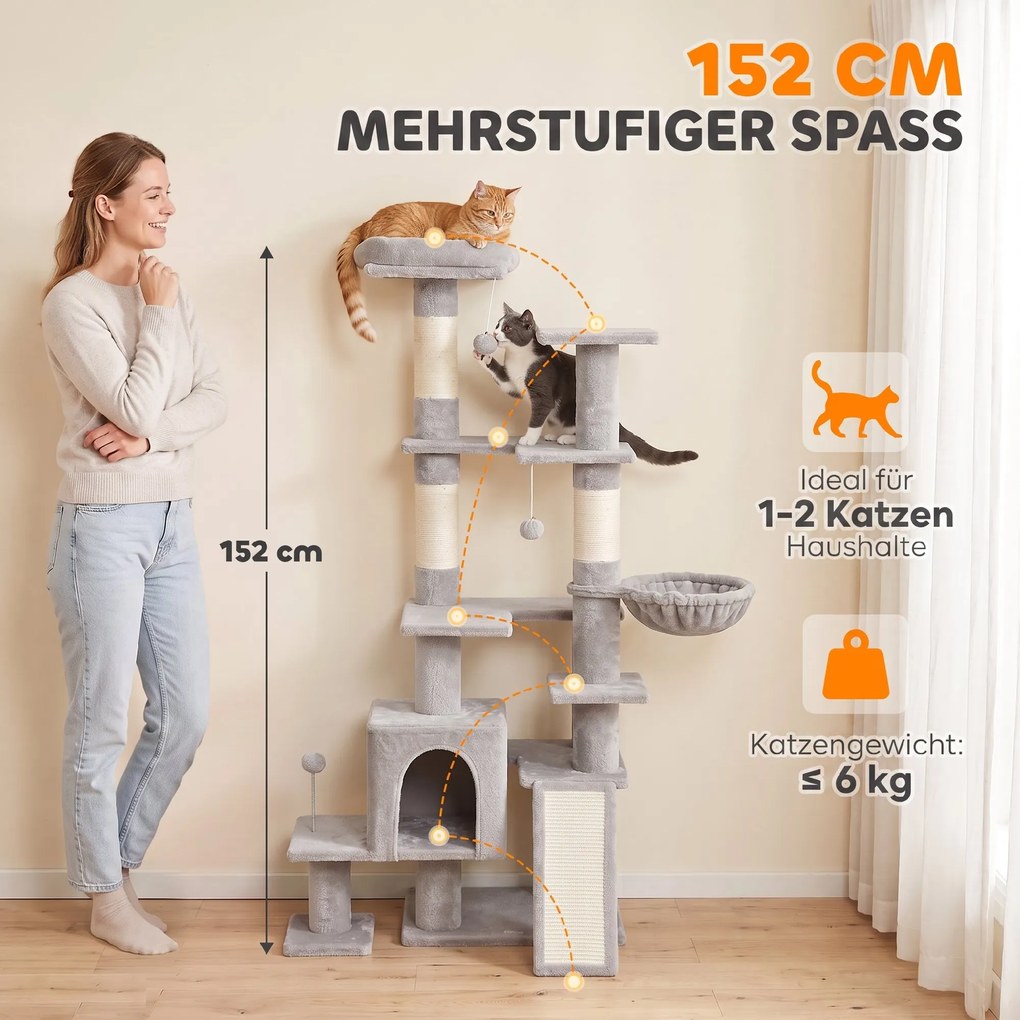 PawHut Škrabadlo velké, 152 cm vysoký kočičí strom se škrabacími sloupky, jeskyně 2 vstupy, 3 míčky, houpačka, 6 kg, světle šedá