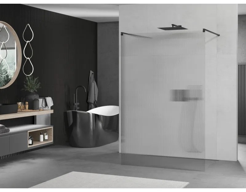 Mexen Kioto, sprchová zástěna Walk-In 100 x 200 cm, 8mm sklo s žebrovým vzorem, černý profil, 800-100-002-70-09