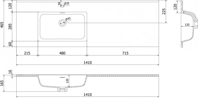 Mexen Otis, umyvadlo na zapuštění 141 x 46,5 cm, levé, bílá matná, 25181401L