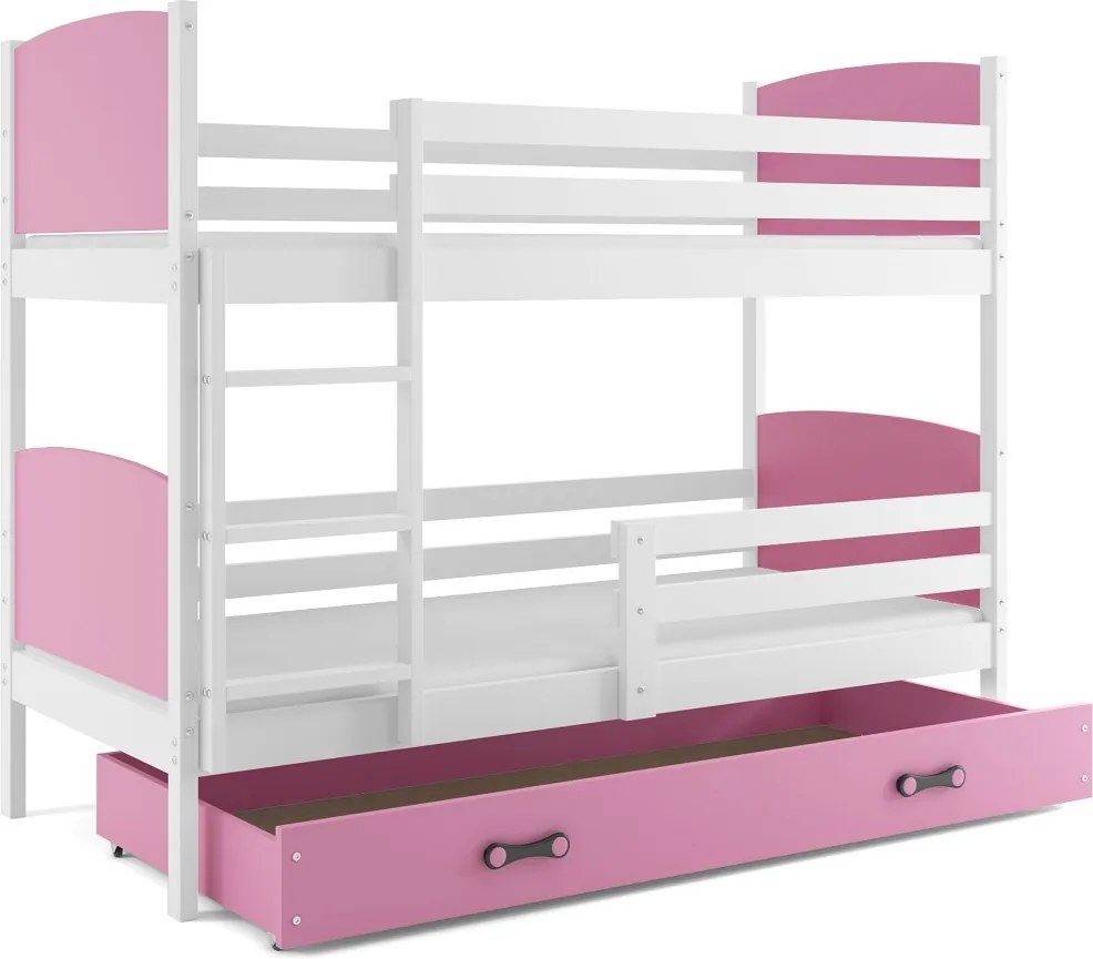 ImportWorld Dětská patrová postel Evžen - 2 osoby, 90x200 s úložným prostorem – Bílá, Růžová