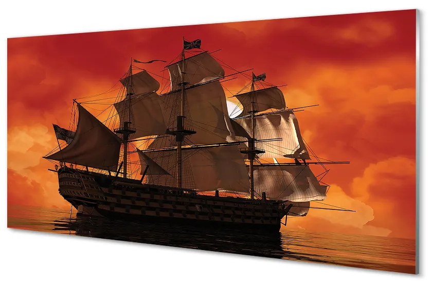 akrylový obraz Loď moře oranžová obloha 140x70 cm