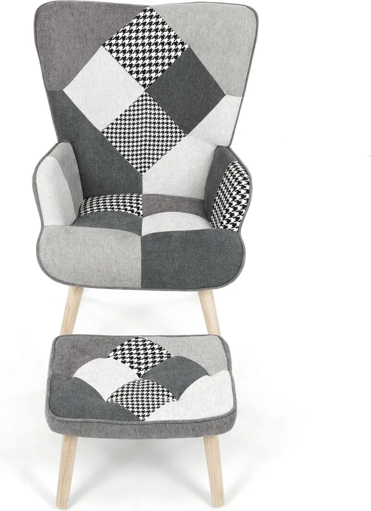 Relaxační křeslo ušák s podnožkou LYRO - šedá patchwork látka