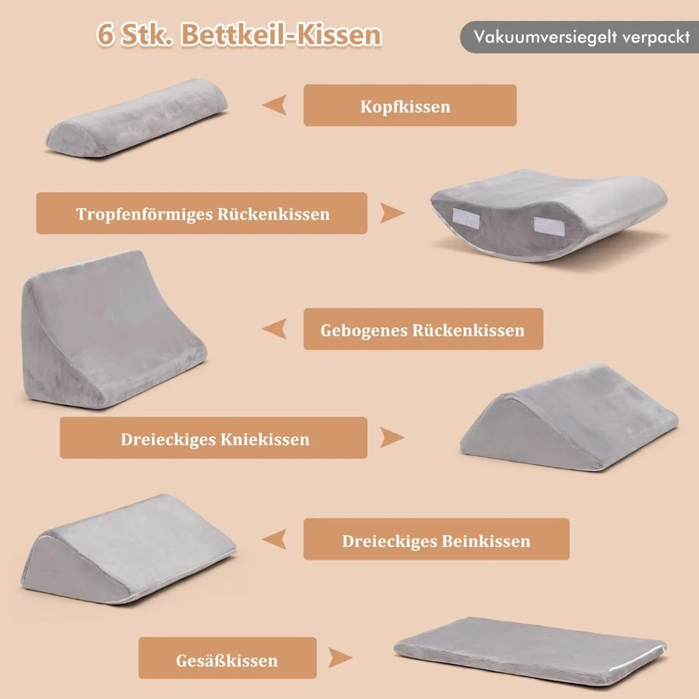 Costway Sada polštářů na klínu 6dílná sada polštářů na klínu s úlevou