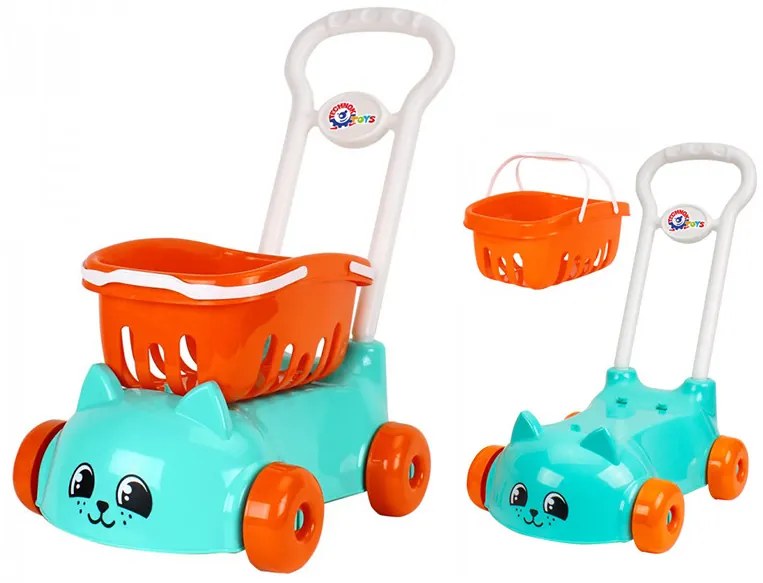 Nákupní vozík tyrkysový s motivem kočky s odnímatelným košíkem v síťce