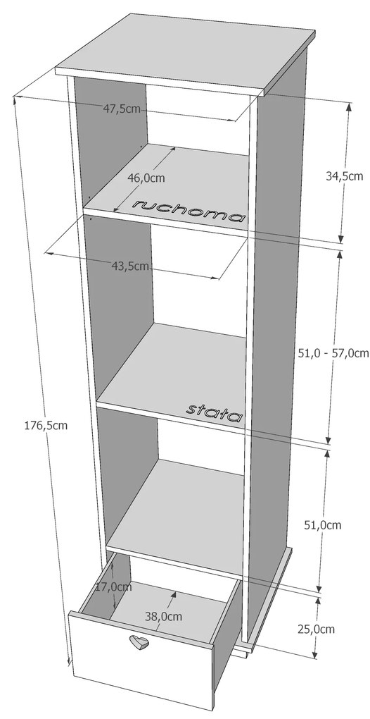 BabyBeds Dětský regál - srdíčko Barevné provedení: Olše  183 cm x 46 cm x 47,5 cm