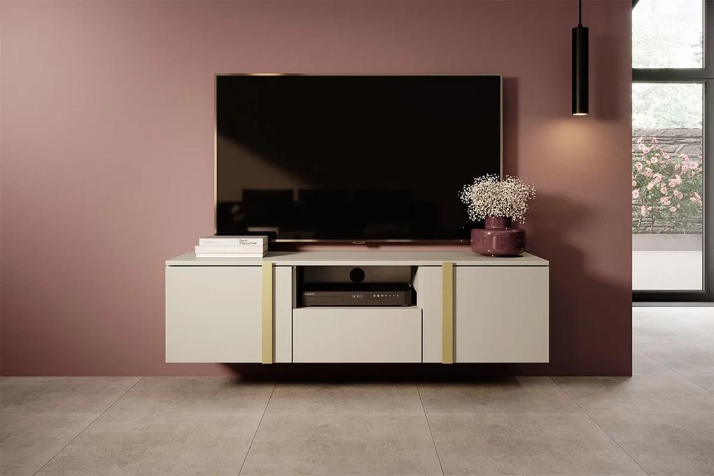 Závěsný TV stolek Verica 150 cm s výklenkem - kašmírová / zlaté úchytky