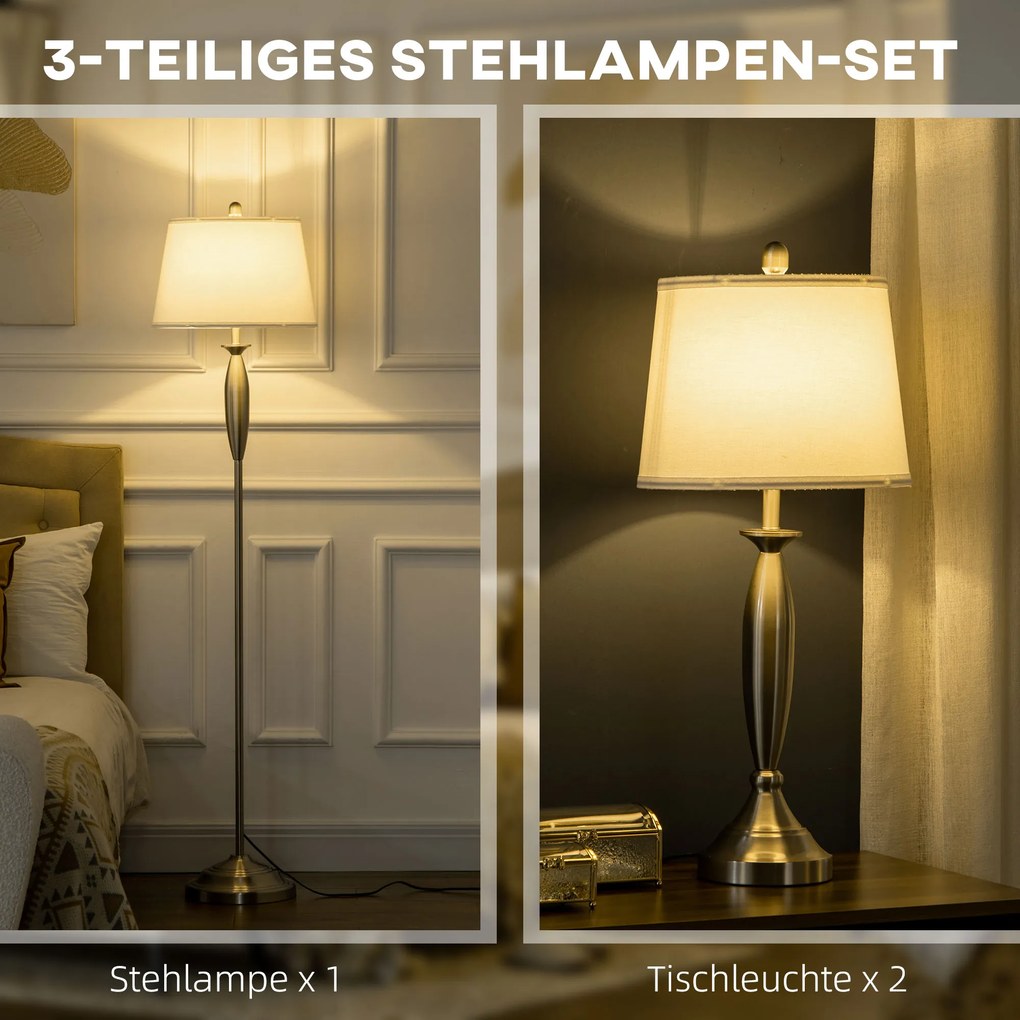 HOMCOM 3-dílná sada stojací lampa a 2 stolní lampy E27 stříbrná a bílá pro obývací pokoj ložnici moderní osvětlení | Aosom.de