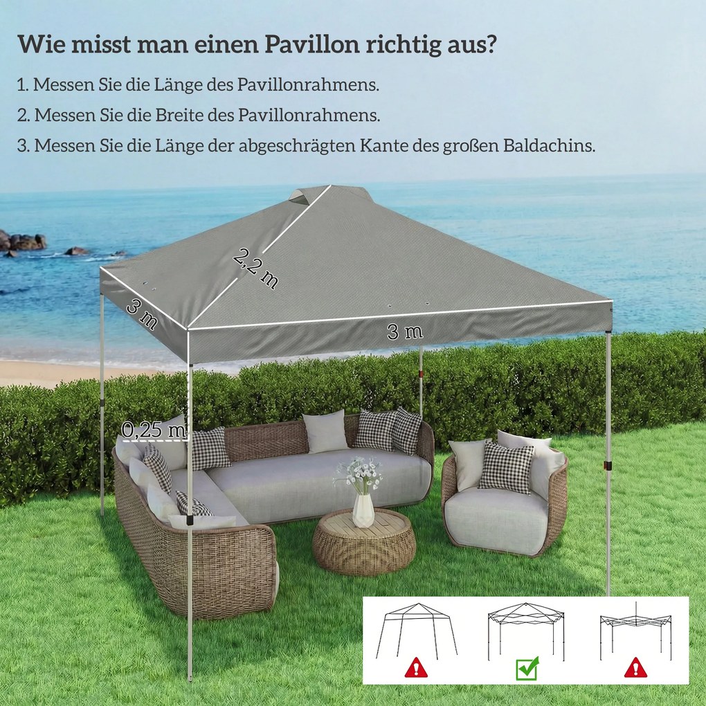 Náhradní střecha pavilonu UV50+ vodotěsná s 8 odtokovými otvory 3 x 3 m, světle šedá