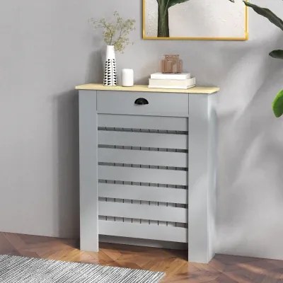 HOMCOM kryt radiátoru z MDF s lamelami, mřížkový kryt se zásuvkou, 78x19x95,5 cm, šedý