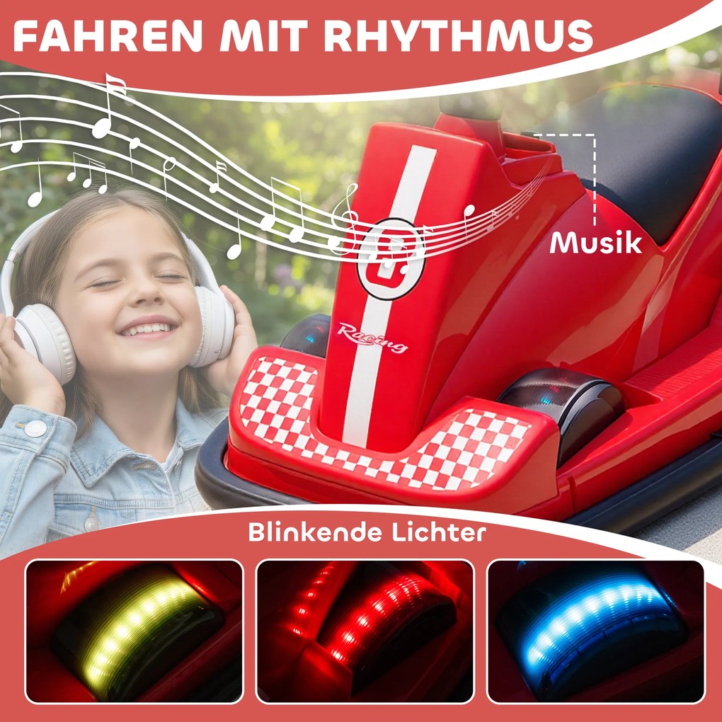 AIYAPLAY Autoskúter pro děti, otočný o 360 stupňů, volant, LED světla, hudební funkce, 3-8 let, červený