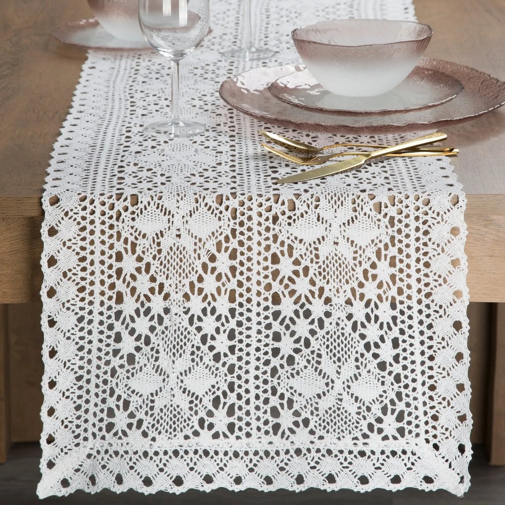 EUROFIRANY AŽUROVÝ BĚHOUN NA STŮL MARY 40X140 CM BÍLÝ