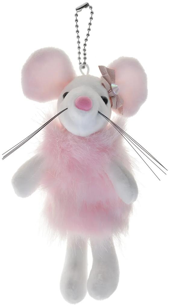 Bílá závěsná myška s růžovým kožíškem a mašlí